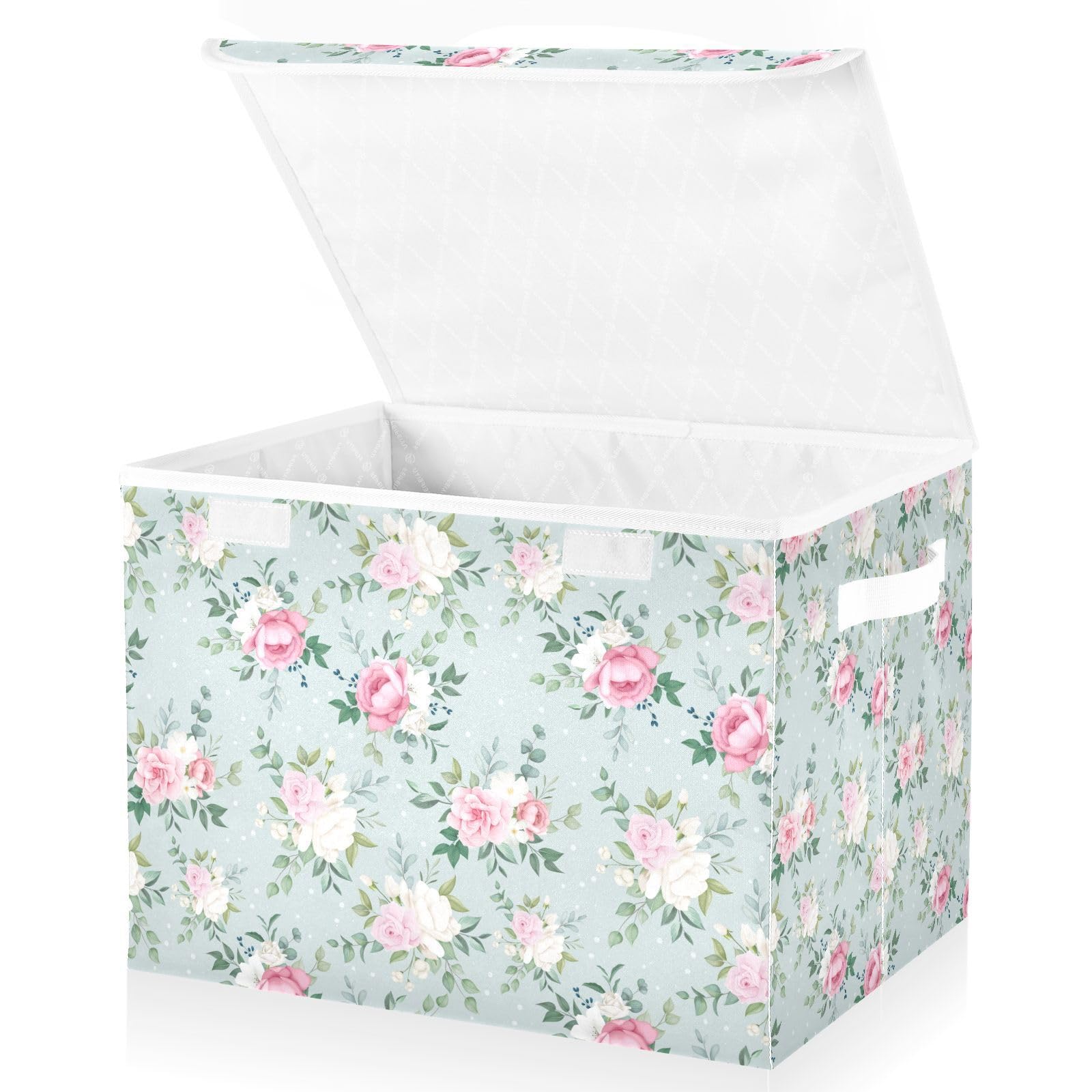 Nisza Floral Pattern Blue Large Collapsible Storage Bins with Lids and Handle, Foldable Fabric Storage Boxes Cube for Home Office