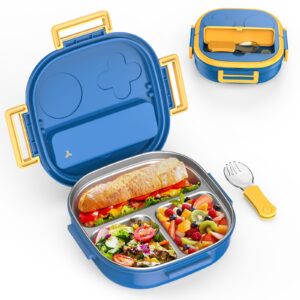 pedeco bento box for kids stainless steel - 3-compartment - complete lunch set with portable utensil - ideal for children under 10 years old - dishwasher safe & bpa-free(blue)