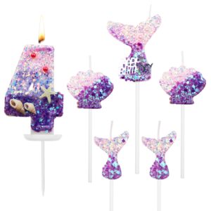 qeeyon 6pcs birthday candles 2.5 inch mermaid theme birthday cake candles 1pcs number 4 candle 3pcs mermaid tail candles 2pcs shell candles for mermaid party birthday cake topper decor