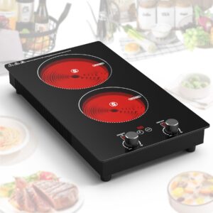 electric cooktop,110v 2400w electric stove top with knob control, 11 power levels, kids lock & timer, hot surface indicator, overheat protection,built-in and countertop 2 burner electric cooktop