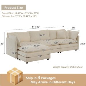 Tmsan 111.42" Modular Sectional Sofa, Convertible Modern L Shaped Sofa Chenille Cloud Couches Set with Ottoman for Living Room Bedroom Apartment Office, 3 Seater