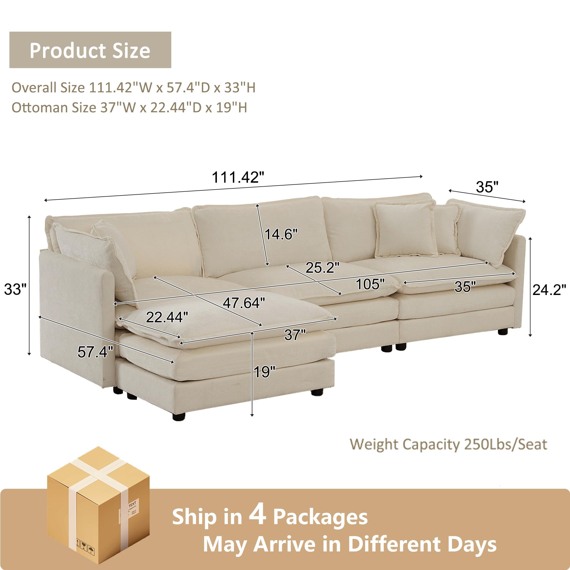 Tmsan 111.42" Modular Sectional Sofa, Convertible Modern L Shaped Sofa Chenille Cloud Couches Set with Ottoman for Living Room Bedroom Apartment Office, 3 Seater