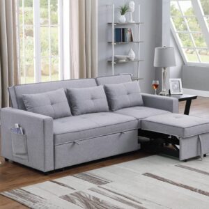 Favfurish 80'' L-Shape Convertible Sleeper Sectional Sofa with Pull-Out Recliner and Bed, Side Pocket, Linen Corner 3 Person Couch for Home Furniture, Living Room, Apartment, Dorm, Light Grey