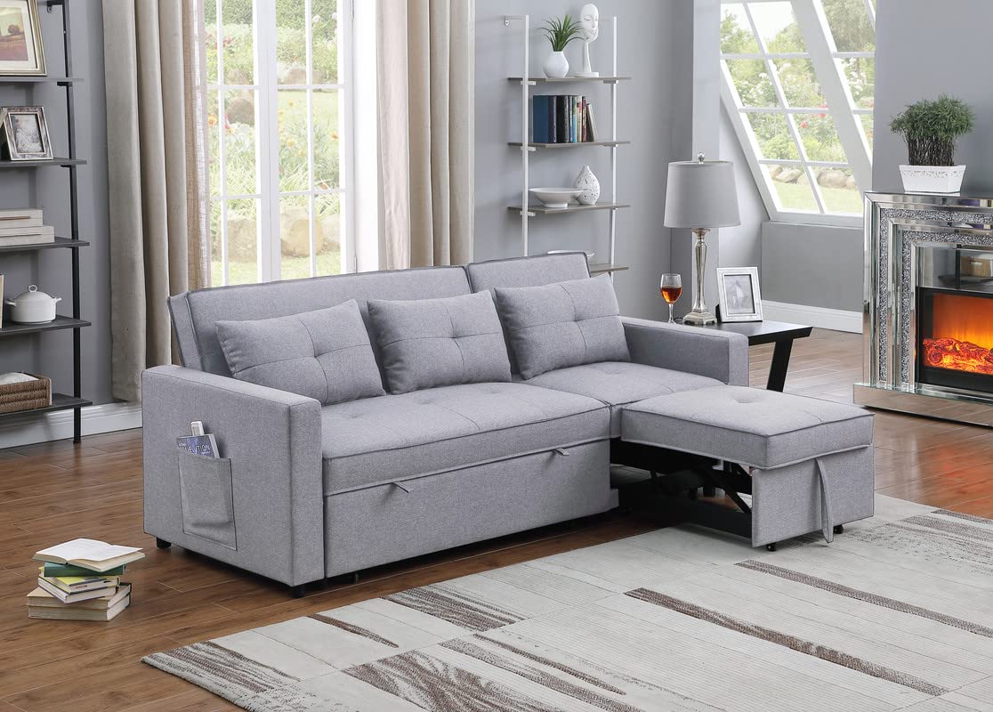 Favfurish 80'' L-Shape Convertible Sleeper Sectional Sofa with Pull-Out Recliner and Bed, Side Pocket, Linen Corner 3 Person Couch for Home Furniture, Living Room, Apartment, Dorm, Light Grey