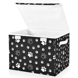 nisza white-paw-print-black large collapsible storage bins with lids and handle, foldable fabric storage boxes cube for home office