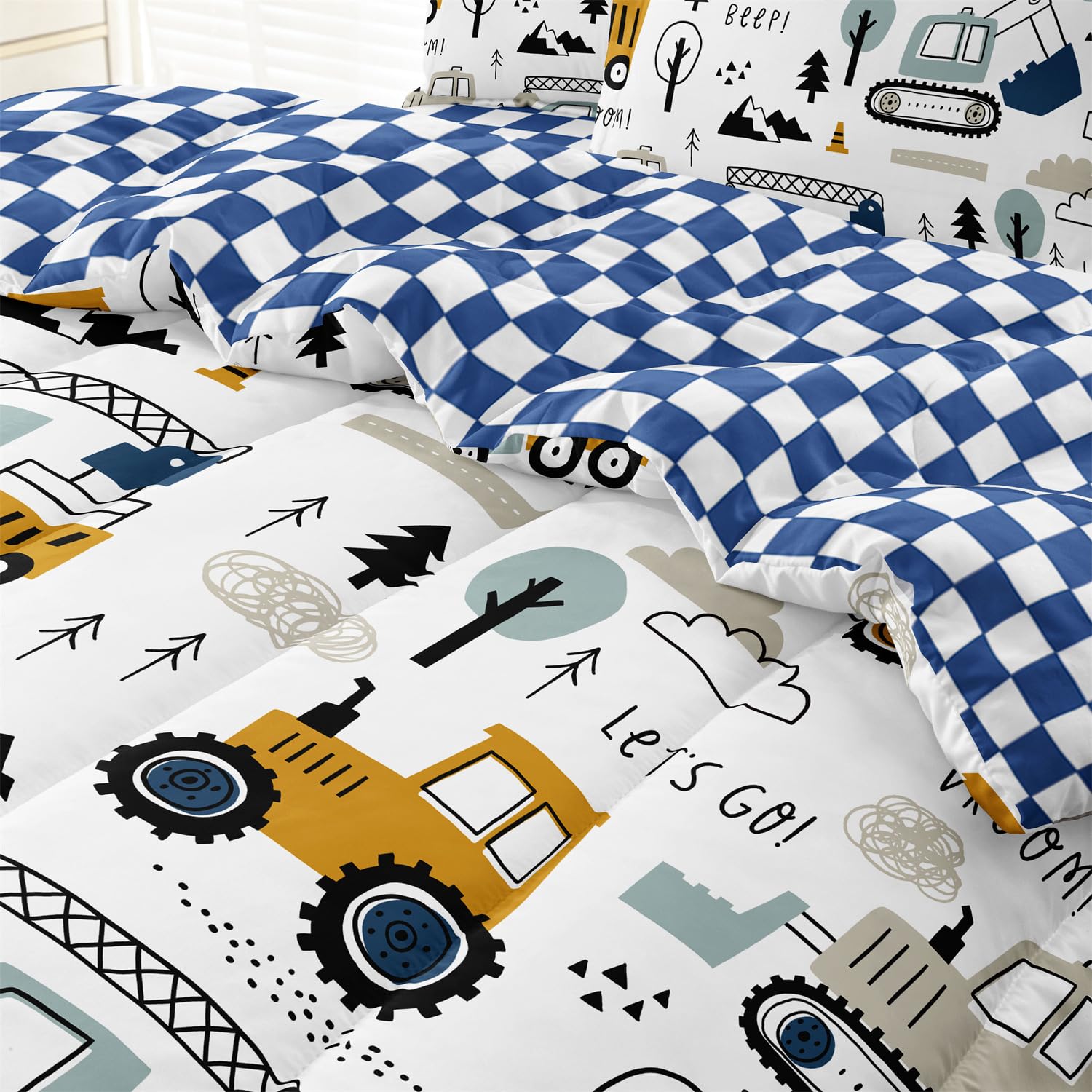 Leaflin 4-Pcs Construction Twin Size Boys Bedding Set, Kids Comforter Set for Teens w/Sheets and Pillowcase, Soft Cartoon Tractor Cars Bed in a Bag Sets