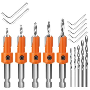 lytool countersink drill bit set,5pcs counter sink drill bit for wood,1/4" hex shank tapered drill bits for woodworking and carpentry,quick change and allen wrench for woodworking,pilot screw hole set