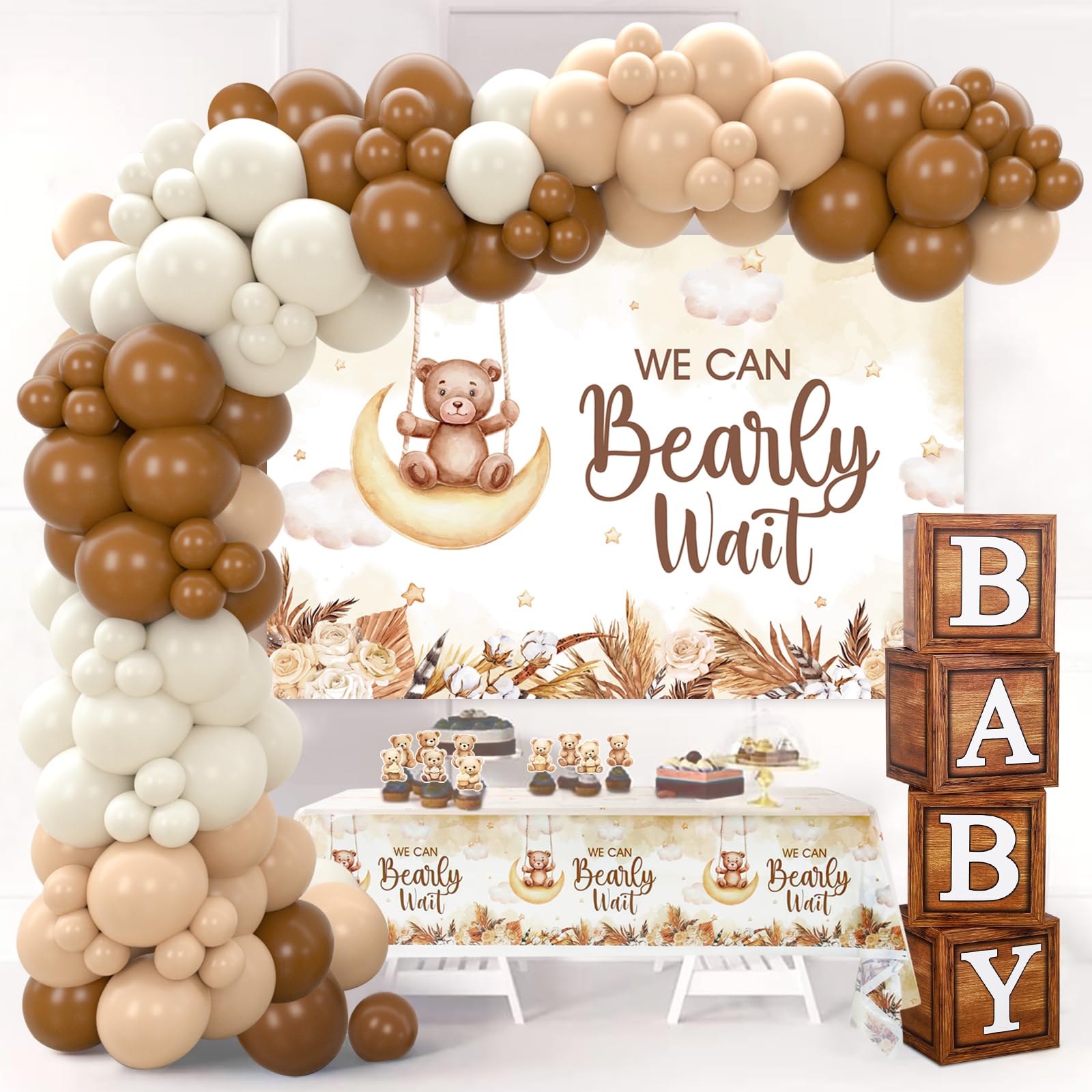 DataMoon Teddy Bear Baby Shower Decorations - Baby Boxes with Letters,Boho Balloons,We Can Bearly Wait Backdrop,Cake Topper,Tablecloth for Baby Shower,Gender Reveal Party Supplies