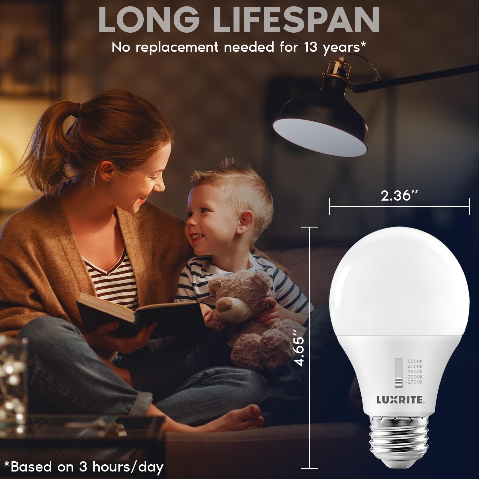 LUXRITE A19 LED Light Bulb 60 Watt Equivalent, CRI90, 5CCT 2700K 3000K 3500K 4000K 5000K, Dimmable, 800LM, Standard LED Light Bulbs 9W, E26 Base, ETL - Perfect for Lamps and Home Lighting (6 Pack)