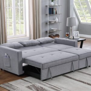 Favfurish 80'' L-Shape Convertible Sleeper Sectional Sofa with Pull-Out Recliner and Bed, Side Pocket, Linen Corner 3 Person Couch for Home Furniture, Living Room, Apartment, Dorm, Light Grey