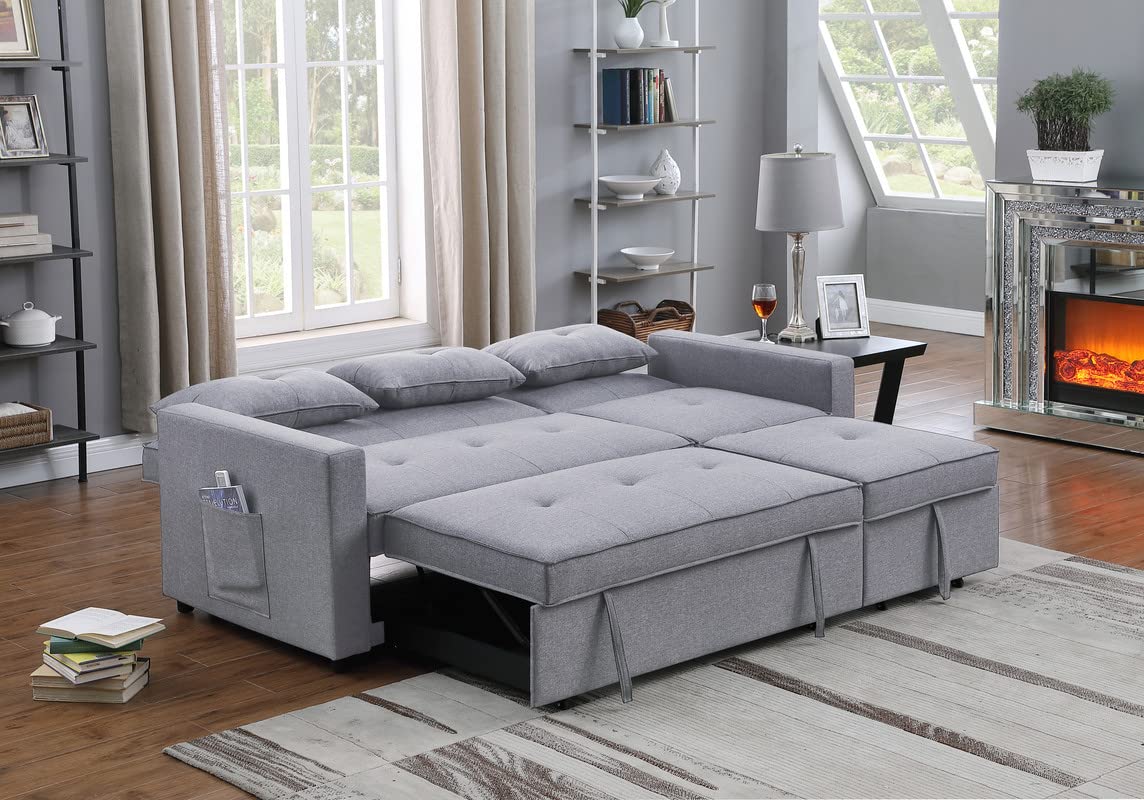 Favfurish 80'' L-Shape Convertible Sleeper Sectional Sofa with Pull-Out Recliner and Bed, Side Pocket, Linen Corner 3 Person Couch for Home Furniture, Living Room, Apartment, Dorm, Light Grey