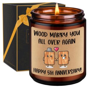 miracu 5th wedding anniversary candle - 5th anniversary wood themed gifts for wife husband, 5 year wedding anniversary funny gifts for him her, happy fifth marriage gifts for couples women men