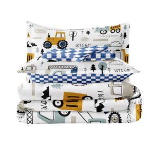 Leaflin 4-Pcs Construction Twin Size Boys Bedding Set, Kids Comforter Set for Teens w/Sheets and Pillowcase, Soft Cartoon Tractor Cars Bed in a Bag Sets