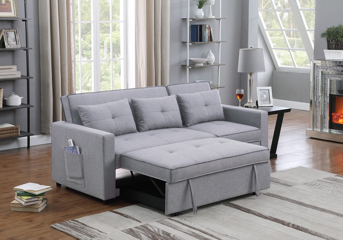 Favfurish 80'' L-Shape Convertible Sleeper Sectional Sofa with Pull-Out Recliner and Bed, Side Pocket, Linen Corner 3 Person Couch for Home Furniture, Living Room, Apartment, Dorm, Light Grey