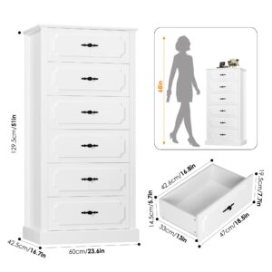 FINETONES 6 Drawer White Dresser, 51" Tall White Dresser Chest of Drawers, Tall Dresser White 6 Drawer Dresser with Large Storage Space, Modern Storage Chest of Drawers, Super Stable Base