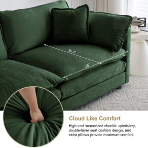 KIVENJAJA Chenille L-Shaped Modular Sectional Sofa, Modern 3-Seater Comfy Deep Seat Cloud Couch with Ottoman/Chaise & 5 Pillows for Living Room Office Apartment, 111.5”W, Green