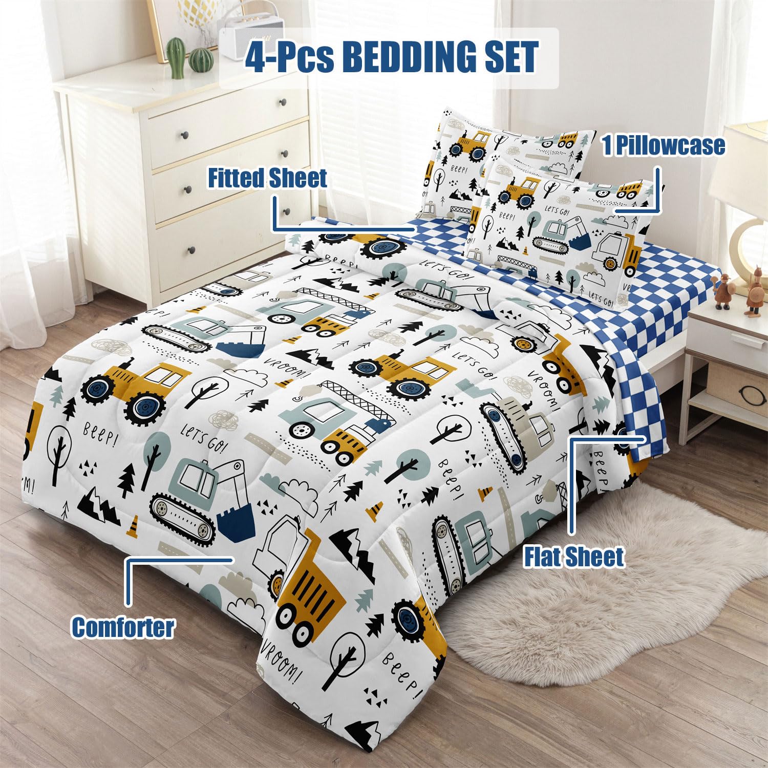 Leaflin 4-Pcs Construction Twin Size Boys Bedding Set, Kids Comforter Set for Teens w/Sheets and Pillowcase, Soft Cartoon Tractor Cars Bed in a Bag Sets