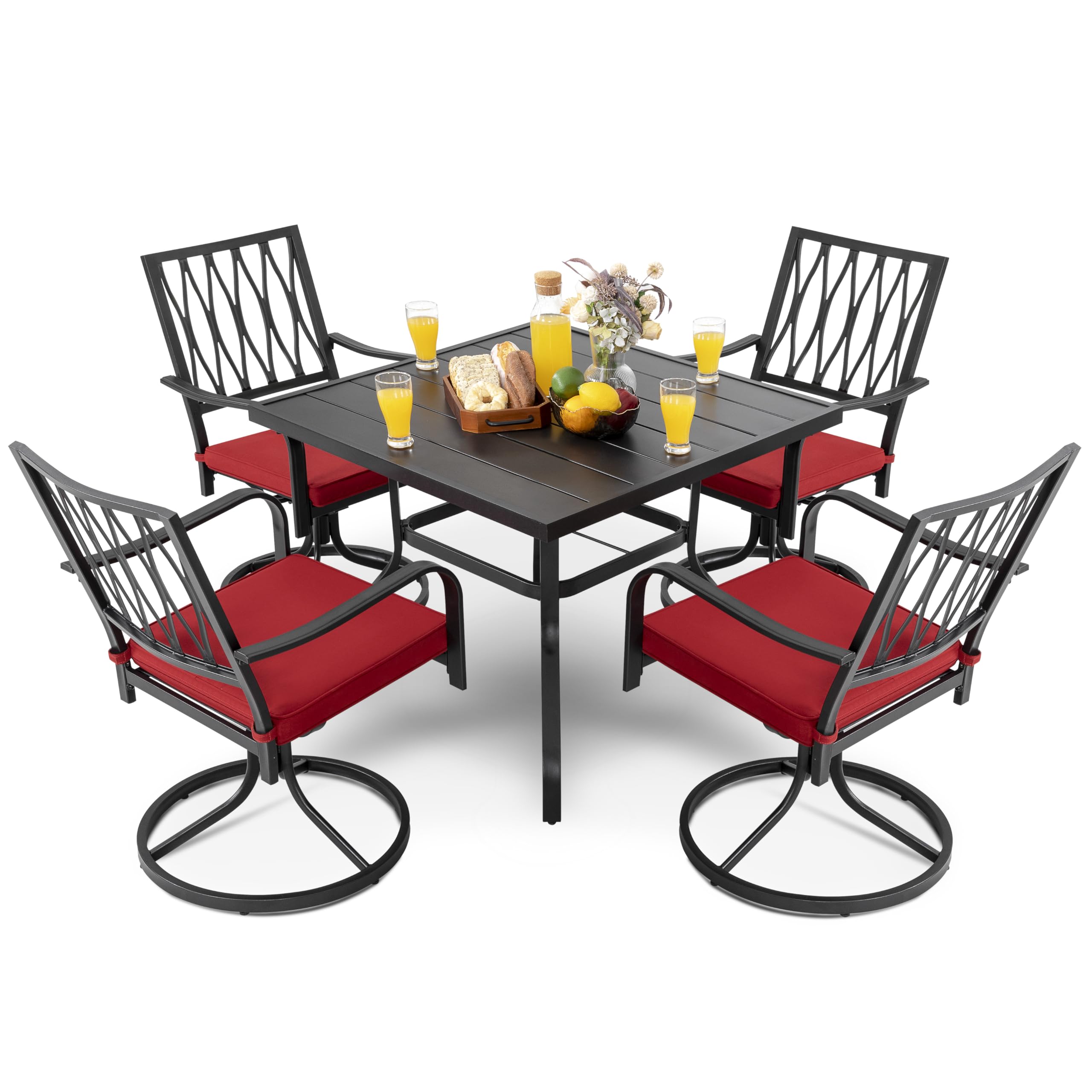 NUU GARDEN 5 Piece Outdoor Dining Set, Outdoor Furniture Set for Square Iron Umbrella Dining Table and 4 Cushioned Swivel Chairs, Black and Red Cushion