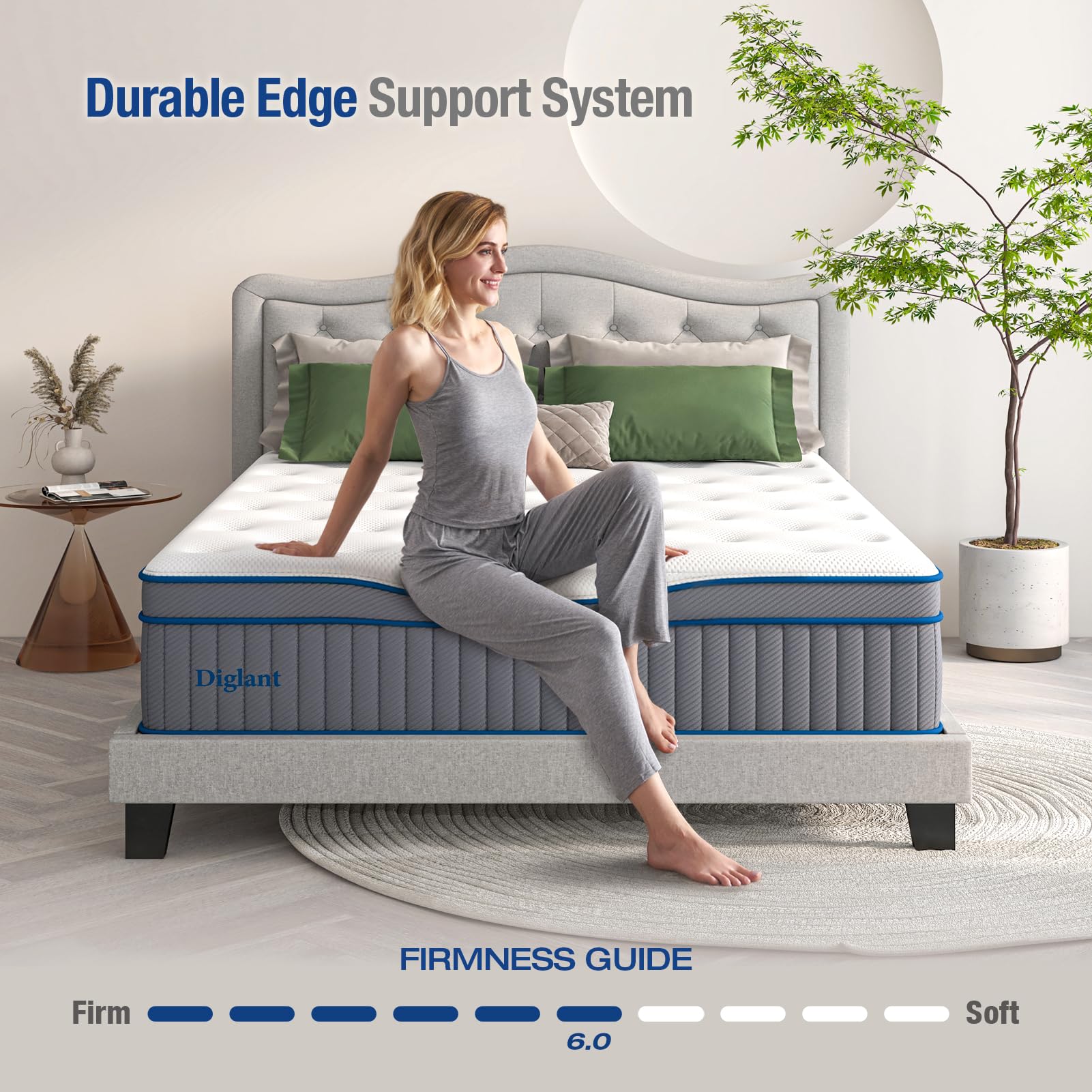 Queen Mattress, DIGLANT 14 Inch Queen Plush Hybrid Mattress with Gel Memory Foam for Cooling Sleep, 7-Zoned Individual Pocket Springs for Pressure Relief, Queen Size Supportive Mattresses in Box