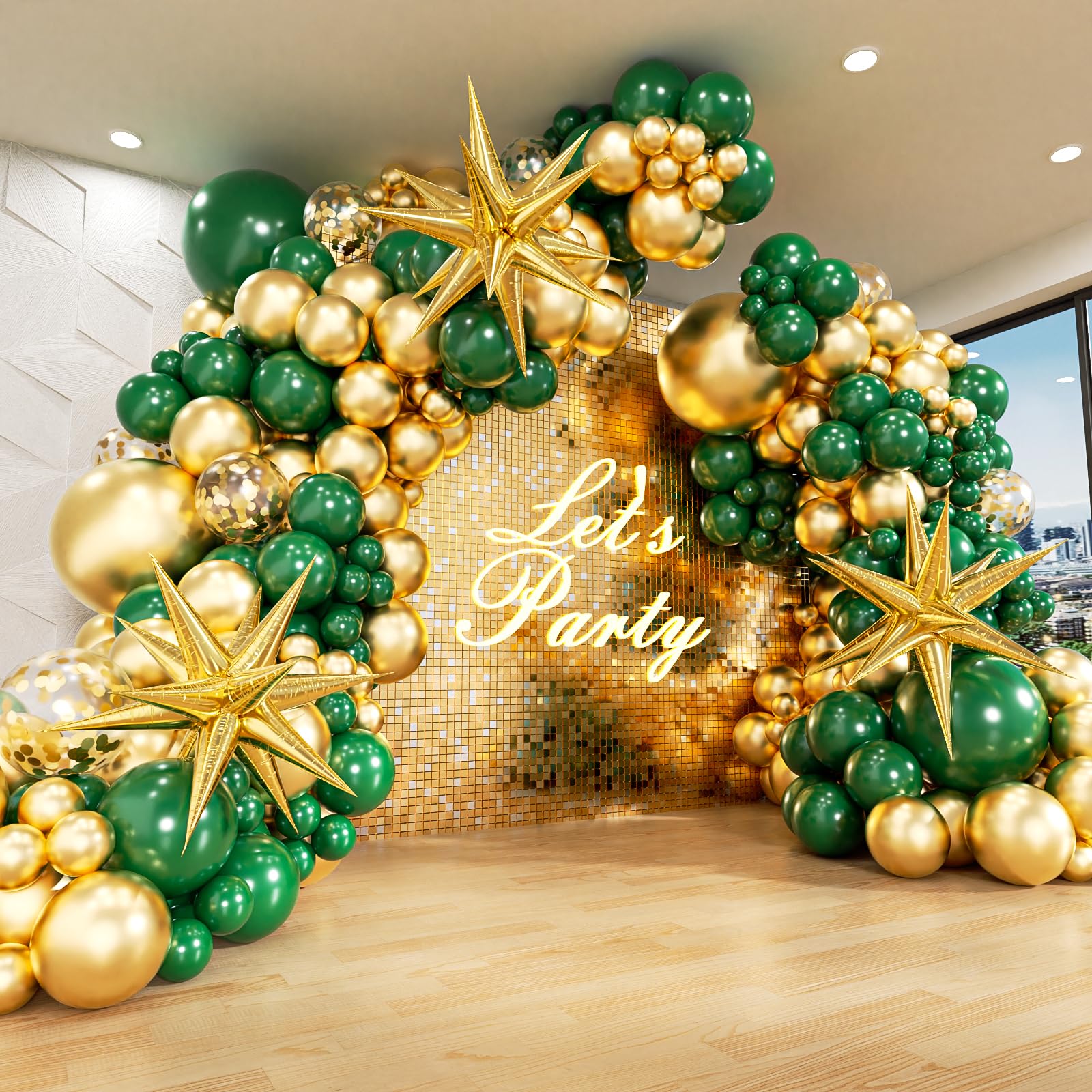 FOTIOMRG Green and Gold Balloon Arch Kit with 3pcs Star Balloon, Emerald Forest Dark Green Balloons Metallic Gold Balloons for Birthday Baby Shower Wedding New Years Party Decorations