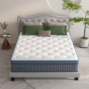 queen mattress, diglant 14 inch queen plush hybrid mattress with gel memory foam for cooling sleep, 7-zoned individual pocket springs for pressure relief, queen size supportive mattresses in box