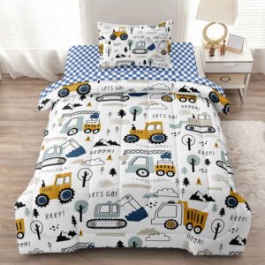 leaflin 4-pcs construction twin size boys bedding set, kids comforter set for teens w/sheets and pillowcase, soft cartoon tractor cars bed in a bag sets