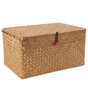 moosky wicker shelf baskets with lid,natural seagrass storage basket boxes handwoven rectangular baskets bins multipurpose home organizer decor (large)