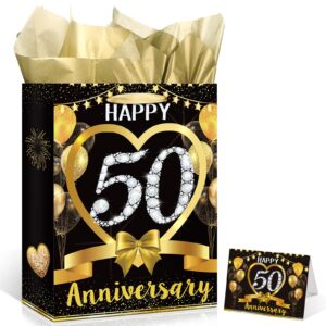 black gold happy 50th anniversary paper gift bag with tissue papers and card, gold 50th anniversary party gift wrapping bag for 50th anniversary golden wedding anniversary decorations christmas gift