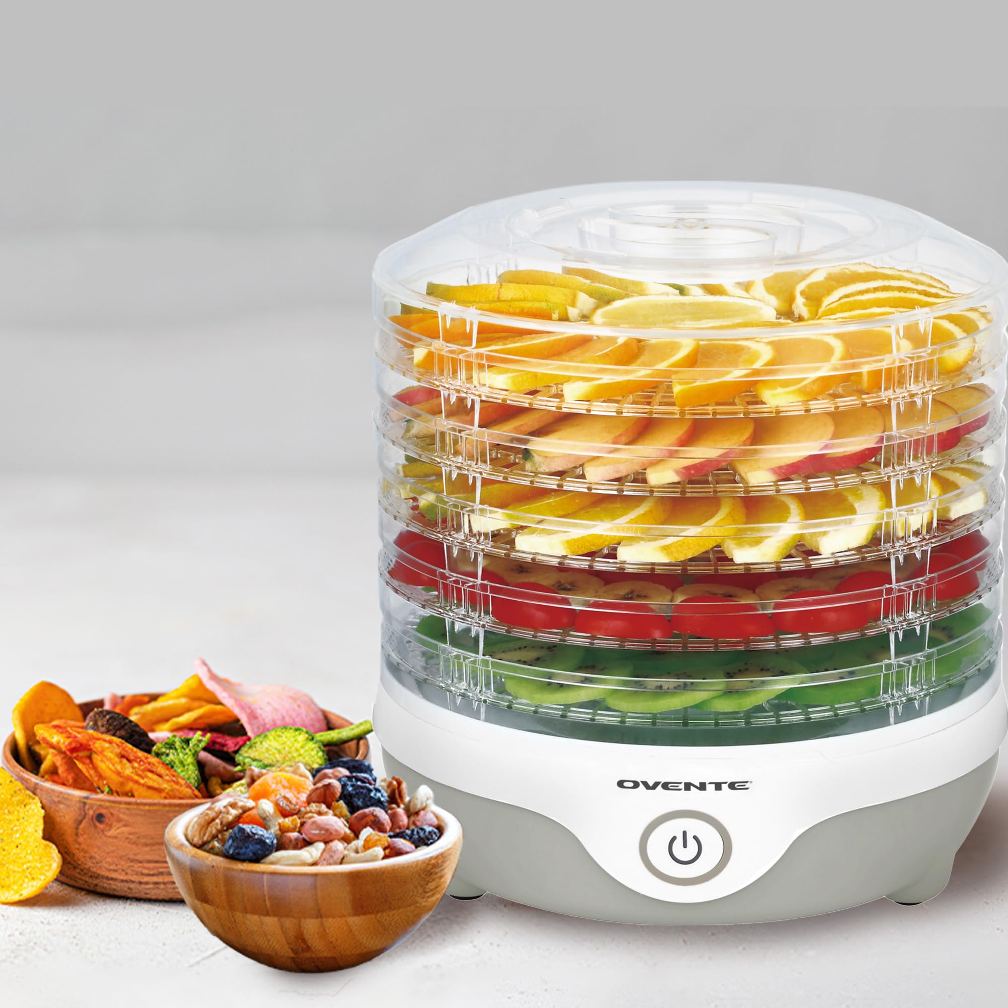 OVENTE Food Dehydrator Machine with 5 Stackable Clear Trays and Drying Space, 240W Electric Food Preserver and Dryer for Snacks, Beef Jerky, Fruits, Veggies, Yogurt and Herbs, Grey DF215GY