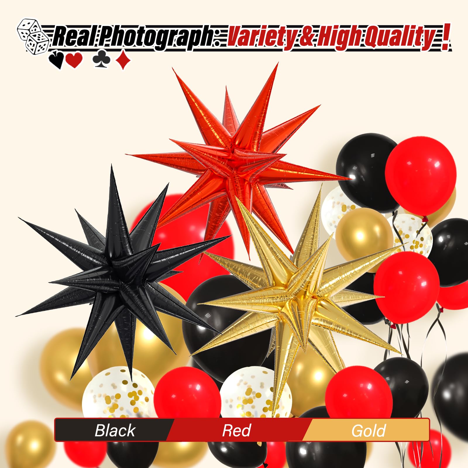 FOTIOMRG Red Black Gold Balloons Arch kit with 3pcs Star Balloons, Red Black and Gold Balloons Garland for Anniversary Casino Night Hollywood New Years Movie Night Birthday Decorations