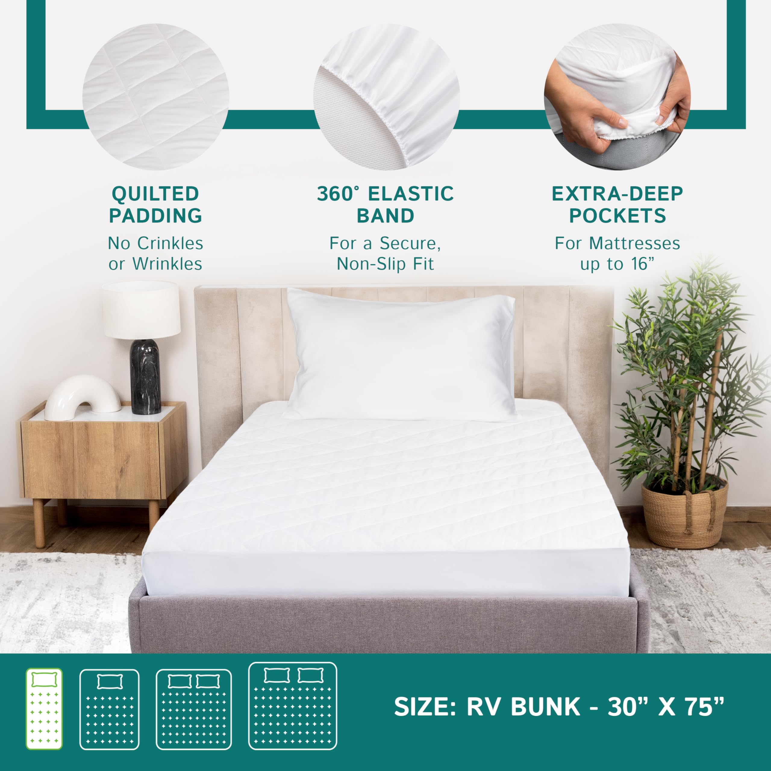 RV Bunk Size Waterproof Mattress Pad - Fitted Mattress Protector with Quilted Pillow Top Mattress Topper - Premium Quality Hypoallergenic Mattress Cover (30”x75”)