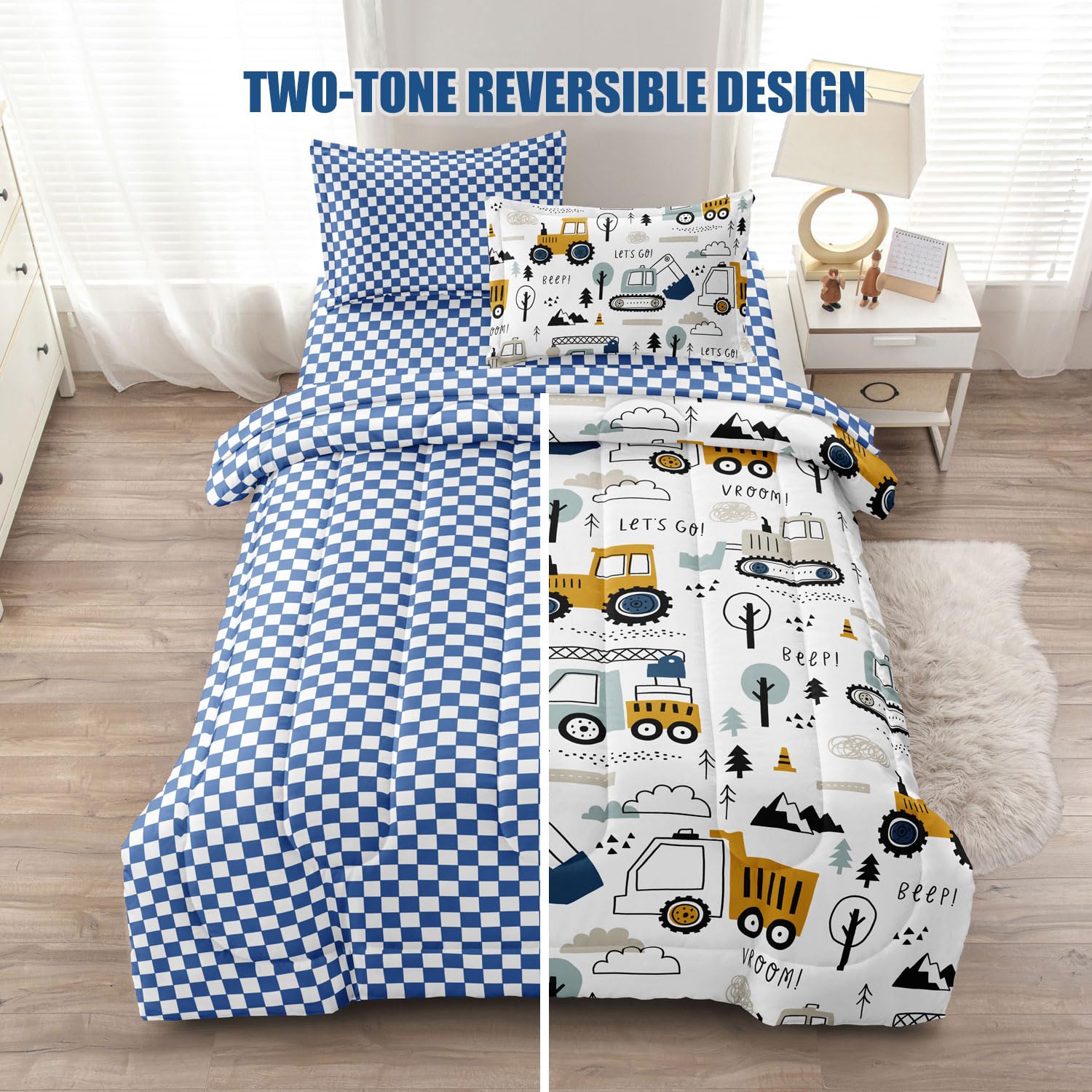 Leaflin 4-Pcs Construction Twin Size Boys Bedding Set, Kids Comforter Set for Teens w/Sheets and Pillowcase, Soft Cartoon Tractor Cars Bed in a Bag Sets