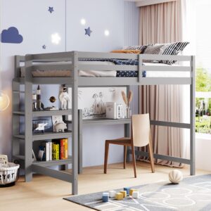 biadnbz full size loft bed with desk, shelves and white writing board, wooden high loftbed frame, for kids teens bedroom, gray