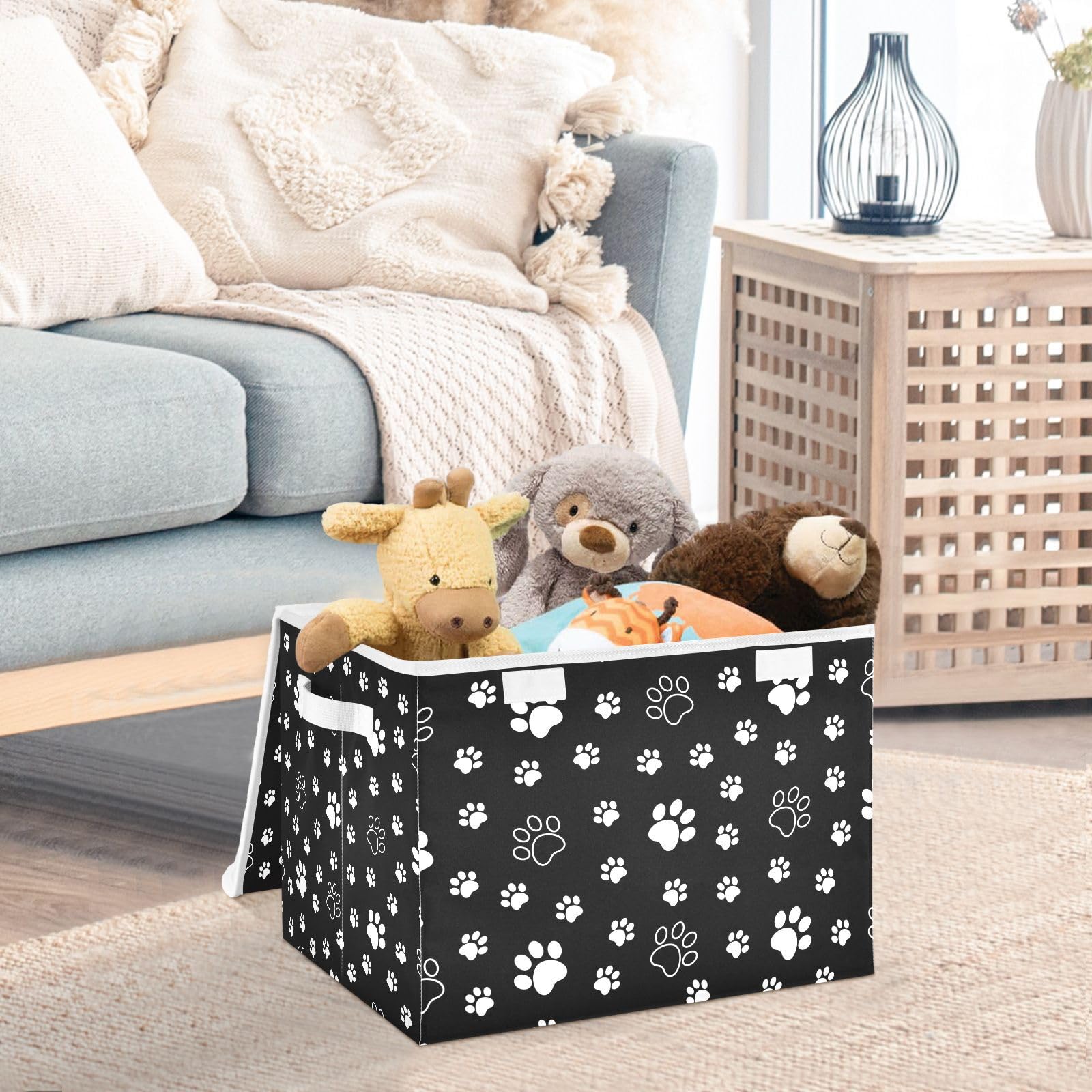 Nisza White-paw-print-black Large Collapsible Storage Bins with Lids and Handle, Foldable Fabric Storage Boxes Cube for Home Office