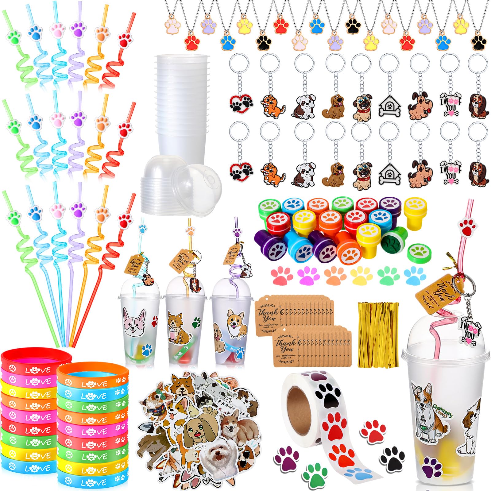 Gejoy 178 Pcs Dog Paw Party Favors Set Includes Paw Straws Cups Silicone Bracelet Keychain Stamper Sticker Pendant Chain Thank You Tag for Boy Girl Dog Paw Theme Party Supplies (Puppy, Paw)