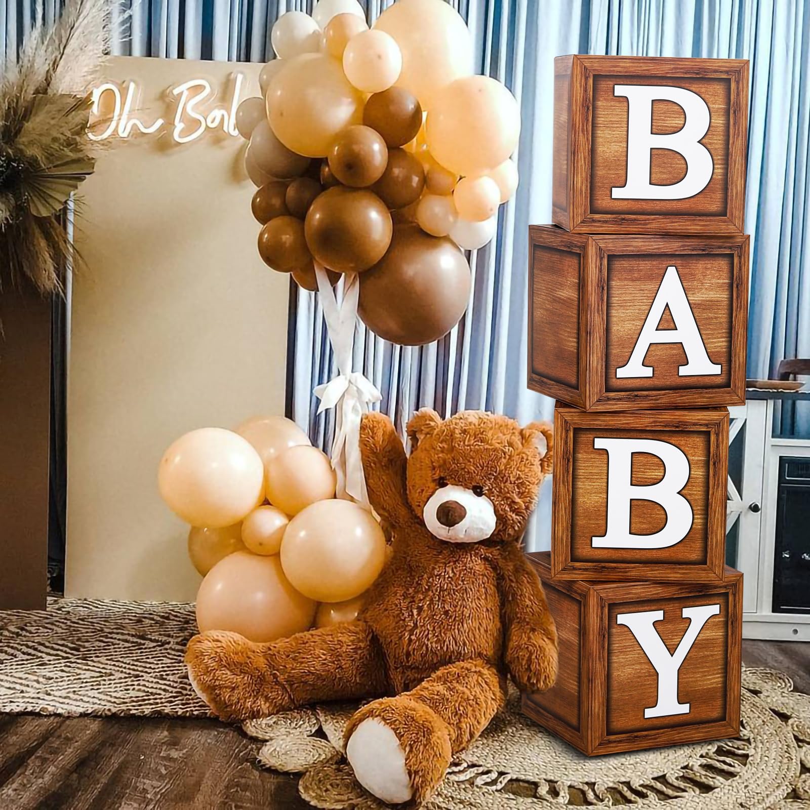 DataMoon Teddy Bear Baby Shower Decorations - Baby Boxes with Letters,Boho Balloons,We Can Bearly Wait Backdrop,Cake Topper,Tablecloth for Baby Shower,Gender Reveal Party Supplies