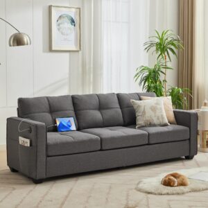 tyboatle 88" w modern 3 seater sofa couch, fabric linen deep seat mid century couches w/ 2 usb charging ports and upholstered cushions, comfy sofas for living room, bedroom, apartment (dark gray)