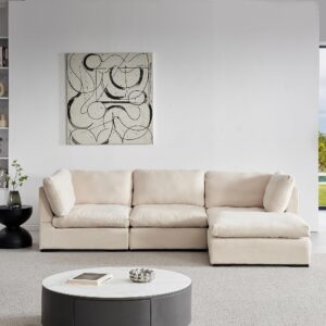 tmsan convertible l shape cloud couch filled with feather down, 99" comfy modular sectional sofa with movable ottoman for living room, apartment, beige