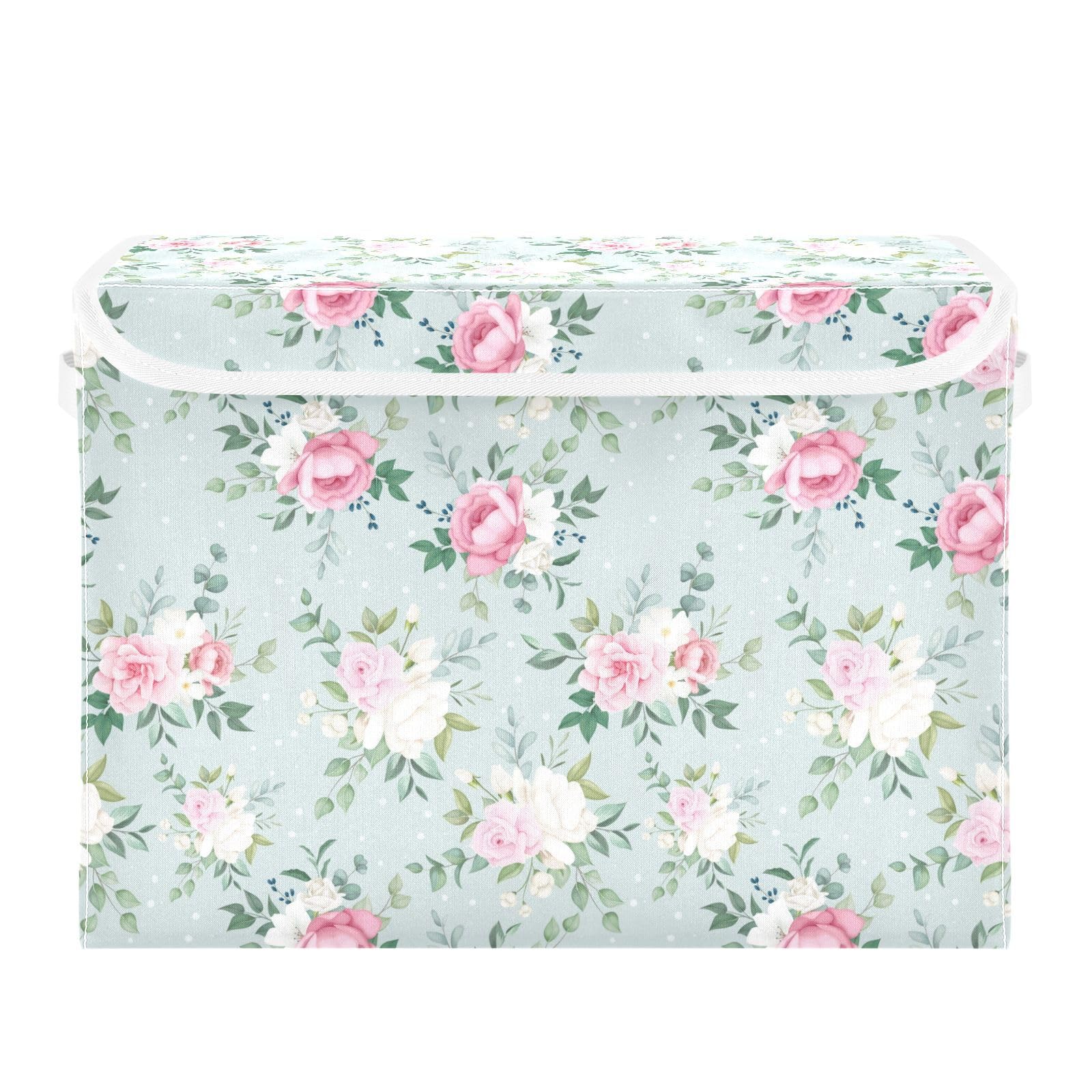 Nisza Floral Pattern Blue Large Collapsible Storage Bins with Lids and Handle, Foldable Fabric Storage Boxes Cube for Home Office