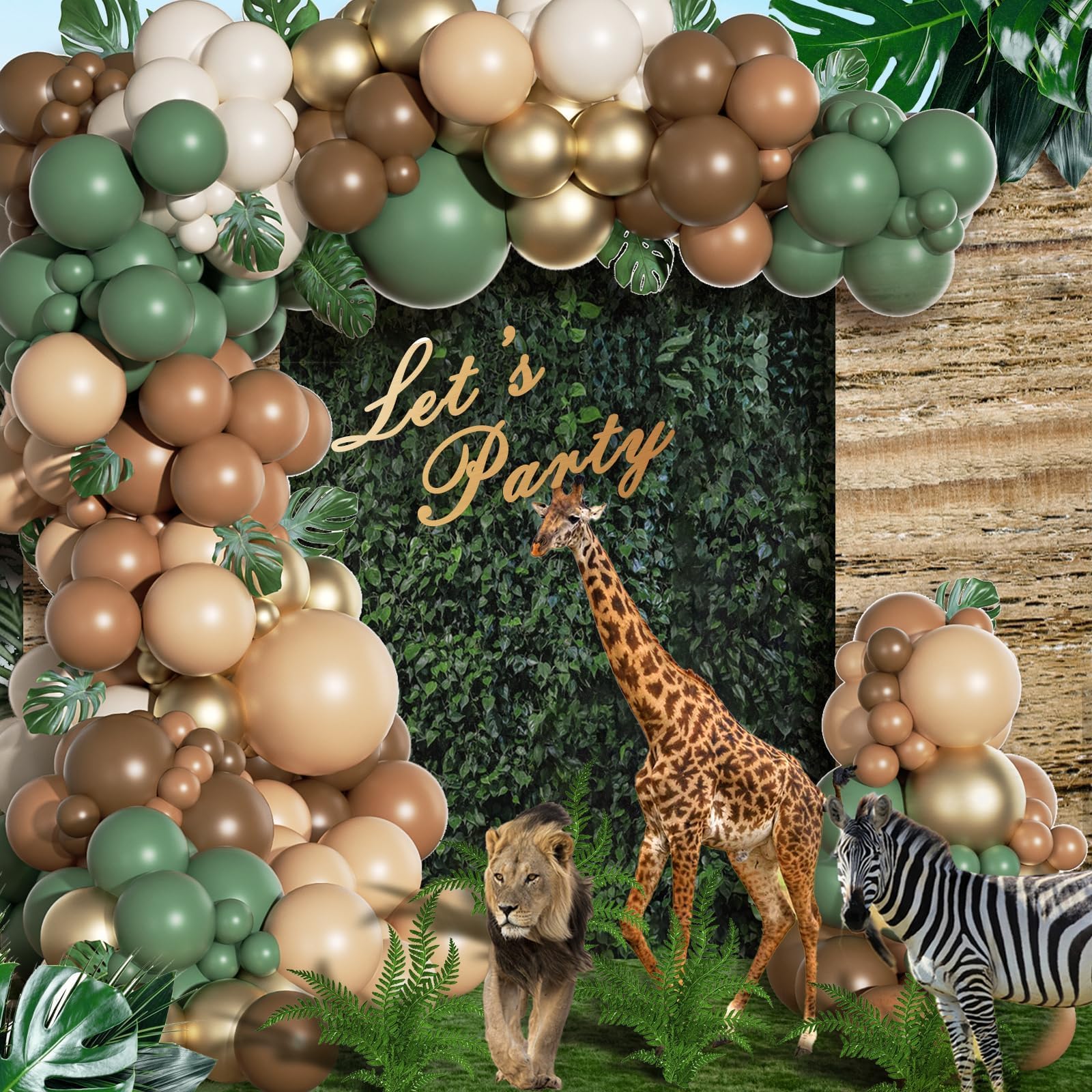 FOTIOMRG 152pcs Sage Green Brown Balloon Garland Kit, Jungle Safari Woodland Balloon Arch Kit with palm leaves artificial Ivy leaves for Two Wild One Birthday Wedding Baby Shower Party Decorations