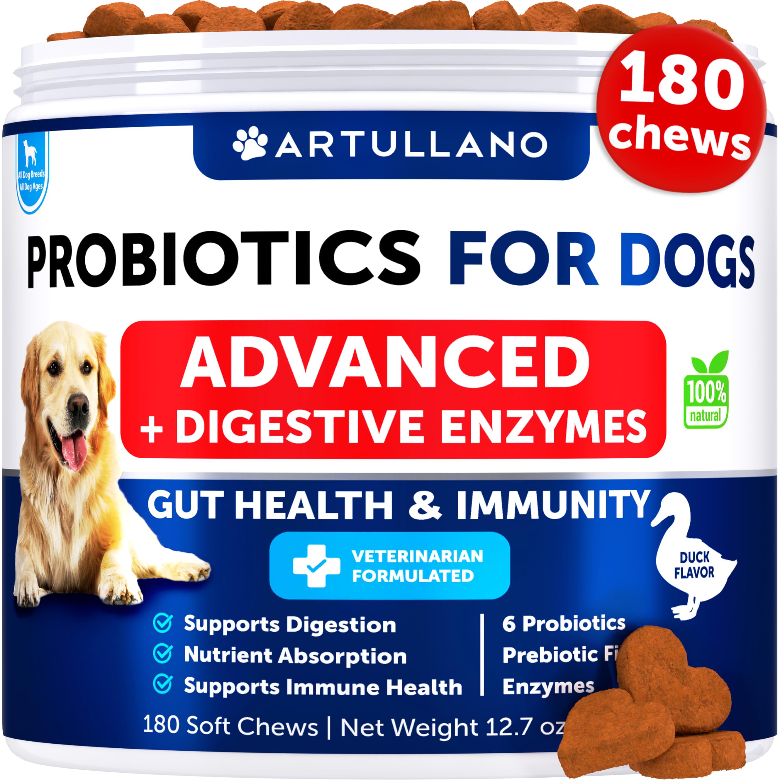 Probiotics for Dogs - Support Gut Health, Itchy Skin, Allergies, Immunity, Yeast Balance - Dog Probiotics and Digestive Enzymes with Prebiotics - Reduce Diarrhea, Gas - 180 Probiotic Chews for Dogs