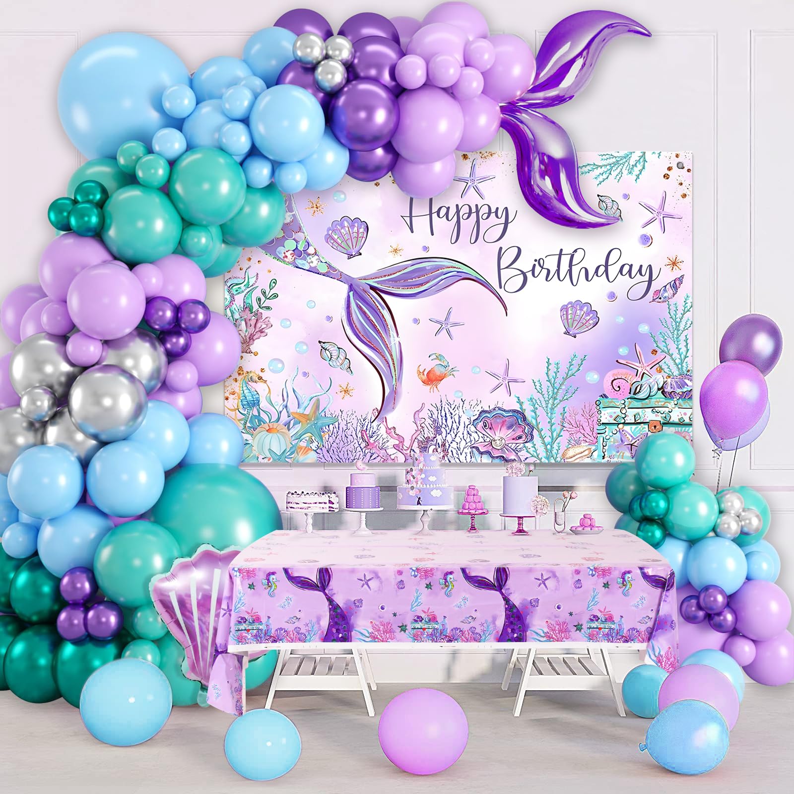 DataMoon Mermaid Birthday Party Decorations - 105pcs Mermaid Birthday Balloons Garland Arch Decorations Including Mermaid Backdrop, Mermaid Tablecloth for Birthday Party,Baby Shower, Gender Reveal.