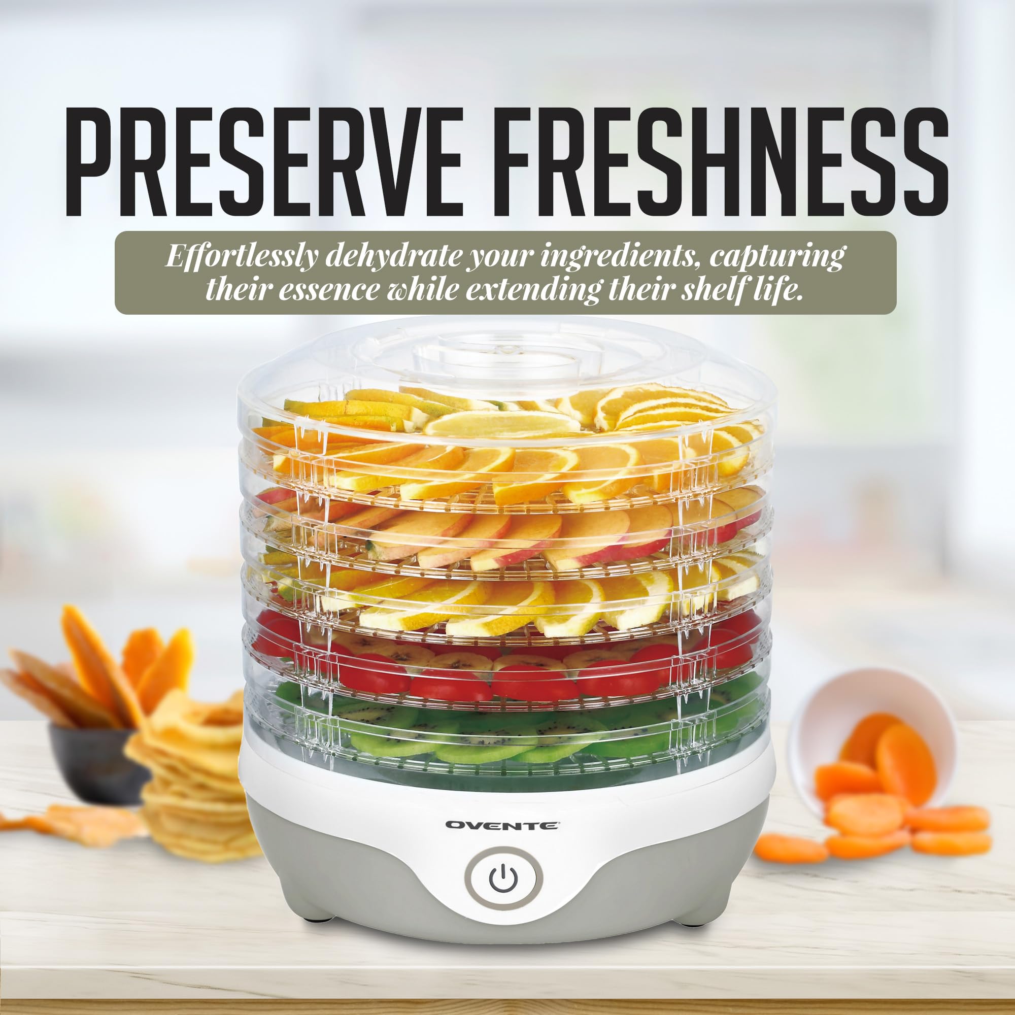 OVENTE Food Dehydrator Machine with 5 Stackable Clear Trays and Drying Space, 240W Electric Food Preserver and Dryer for Snacks, Beef Jerky, Fruits, Veggies, Yogurt and Herbs, Grey DF215GY