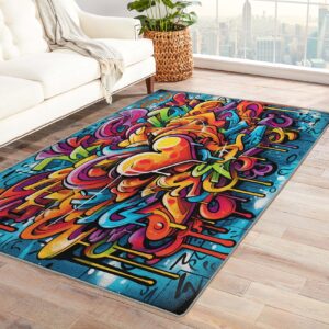 graffiti rug & home decor - 4x6 rug, colorful rugs for living room bedroom, multicolor carpet, washable non slip soft low pile indoor area rug & room decor