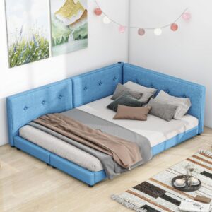 queen size floor bed frame toddler,with slatted support & usb charging port platform bed,solid wood upholstered sofa bed for living room, bedroom,recreation room,no box spring needed (queen)