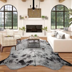 neocozy exquisite cowhide rug, 6.2 x 7 ft faux cowhide rug for living room bedroom, cow print rug for wall, non-slip, grey white