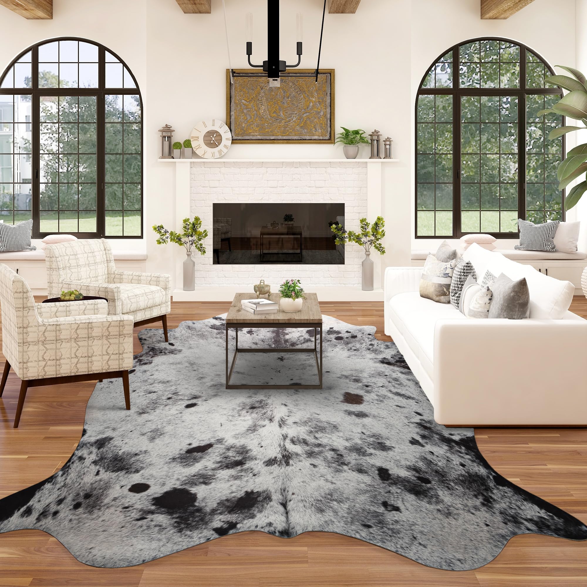 NEOCOZY Exquisite Cowhide Rug, 6.2 x 7 ft Faux Cowhide Rug for Living Room Bedroom, Cow Print Rug for Wall, Non-Slip, Grey White