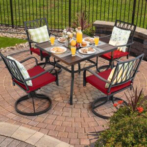 NUU GARDEN 5 Piece Outdoor Dining Set, Outdoor Furniture Set for Square Iron Umbrella Dining Table and 4 Cushioned Swivel Chairs, Black and Red Cushion