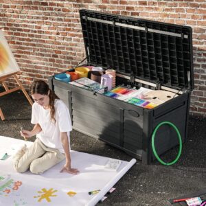 DWVO Outdoor Louver Storage Deck Box w/120 Gallon Capacity, Large Storage Box for Outdoor Pillows, Garden Tools and Pool Supplies, Resin, Waterproof, Lockable (Black)