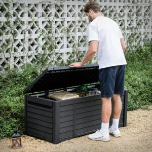 DWVO Outdoor Louver Storage Deck Box w/120 Gallon Capacity, Large Storage Box for Outdoor Pillows, Garden Tools and Pool Supplies, Resin, Waterproof, Lockable (Black)